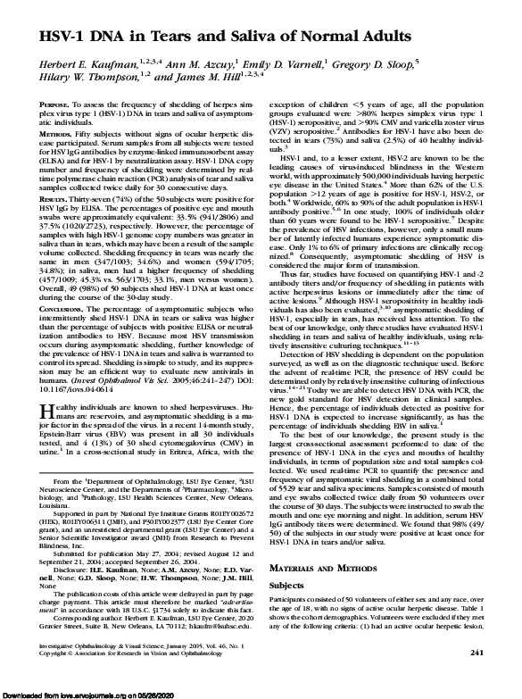 (PDF) HSV-1 DNA in Tears and Saliva of Normal Adults