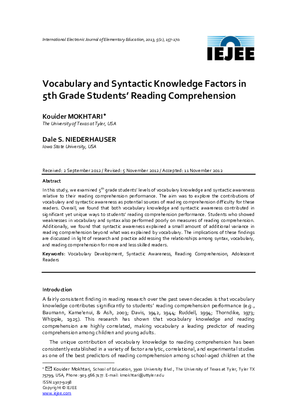 (PDF) Vocabulary and syntactic knowledge factors in 5th grade students ...