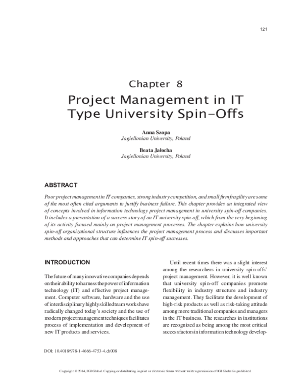 (PDF) Project Management in IT Type University Spin-Offs