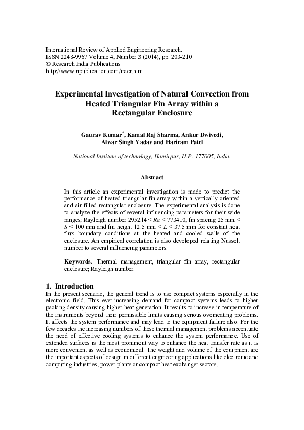 (PDF) Experimental Investigation of Natural Convection from Heated Triangular Fin Array within a ...