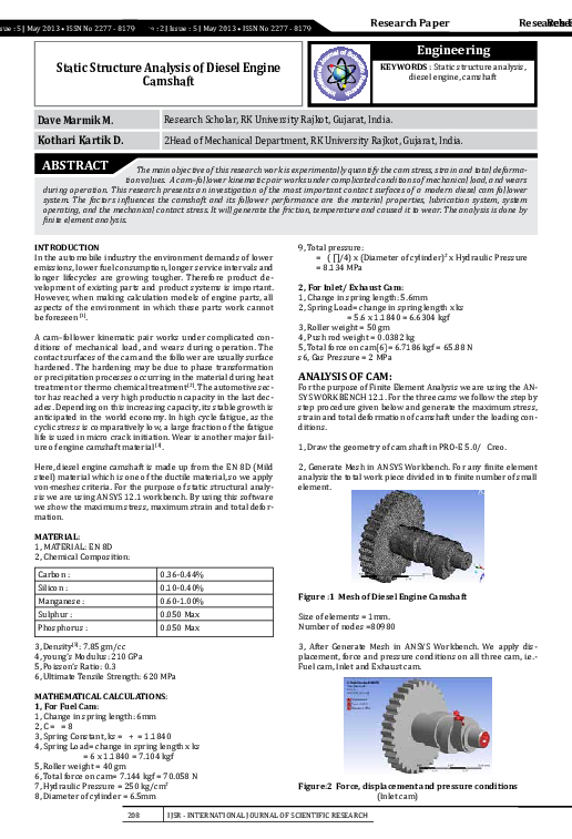 (PDF) Static Structure Analysis of Diesel Engine Camshaft