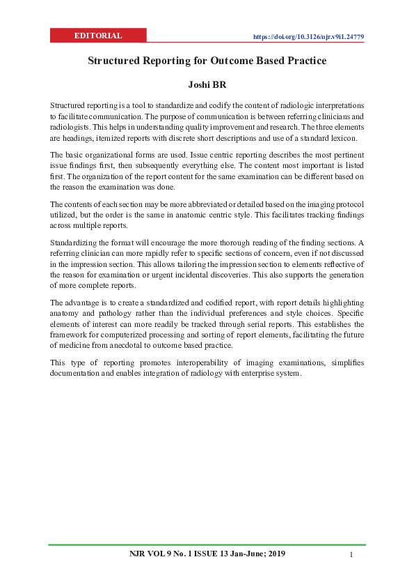 (PDF) Structured Reporting for Outcome Based Practice