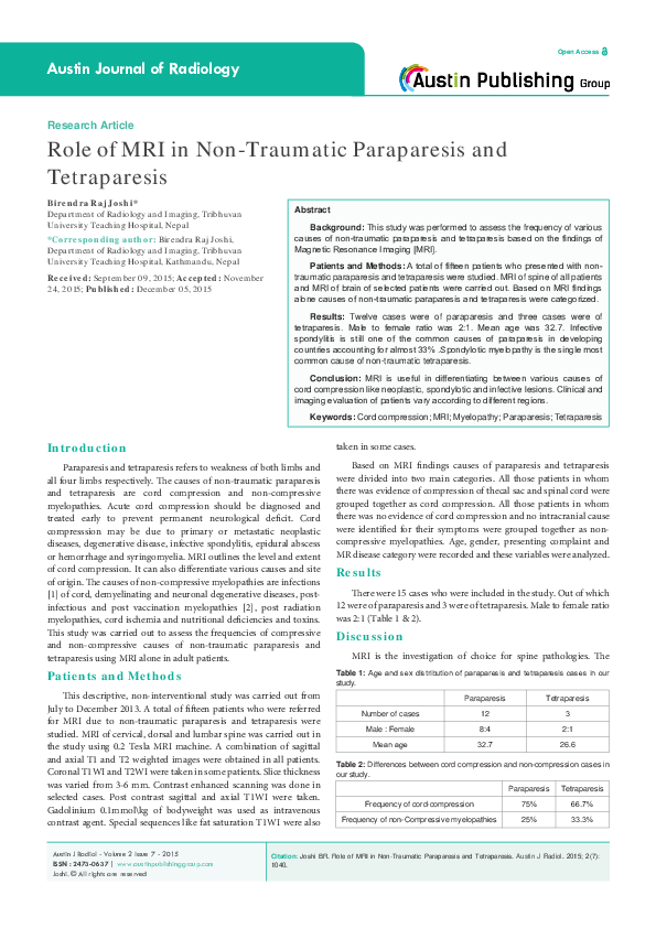 (PDF) Role of MRI in Non-Traumatic Paraparesis and Tetraparesis