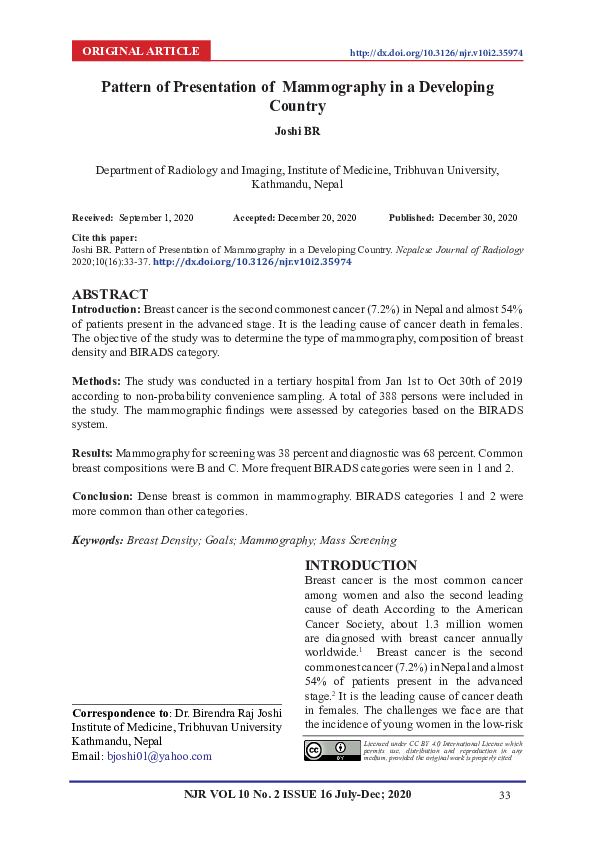 (PDF) Pattern of Presentation of Mammography in a Developing Country