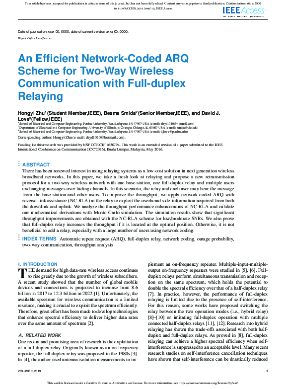 Pdf An Efficient Network Coded Arq Scheme For Two Way Wireless Communication With Full Duplex