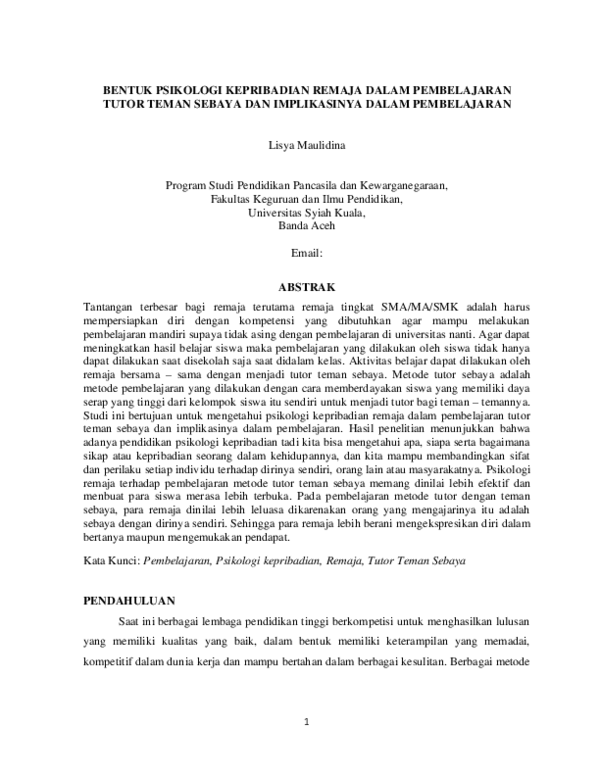 (PDF) BENTUK PSIKOLOGI KEPRIBADIAN REMAJA DALAM PEMBELAJARAN TUTOR ...