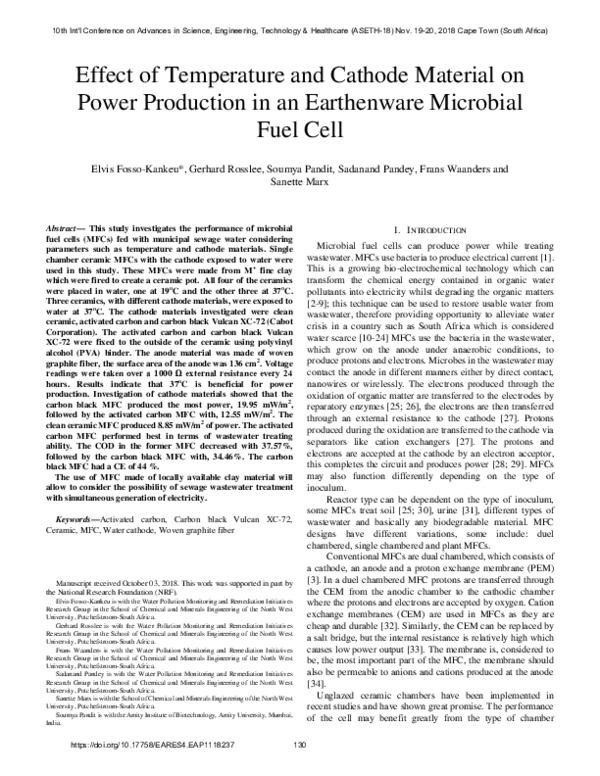 (PDF) Effect of Temperature and Cathode Material on Power Production in an Earthenware Microbial ...