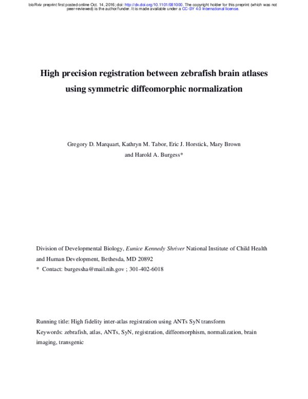 (PDF) High precision registration between zebrafish brain atlases using symmetric diffeomorphic ...