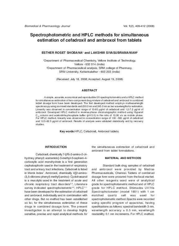 (PDF) Spectrophotometric and HPLC Methods for Simultaneous Estimation of Cefadroxil and Ambroxol ...