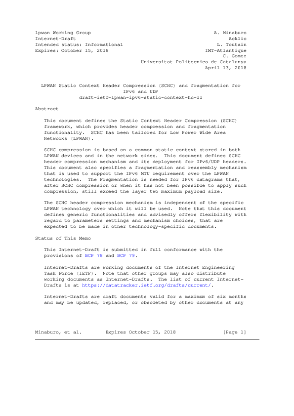 (PDF) Static Context Header Compression (SCHC) and fragmentation for LPWAN, application to UDP/IPv6
