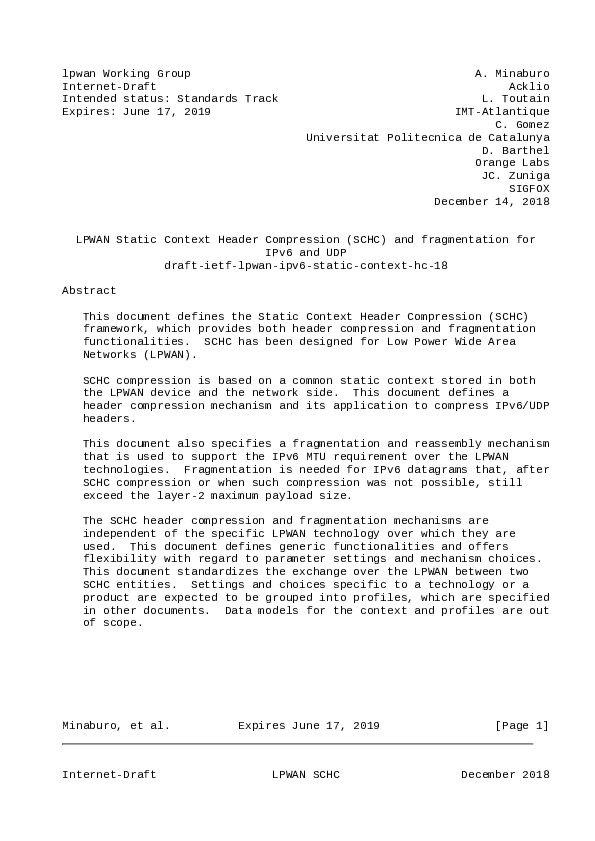 Pdf Lpwan Static Context Header Compression Schc And Fragmentation For Ipv6 And Udp