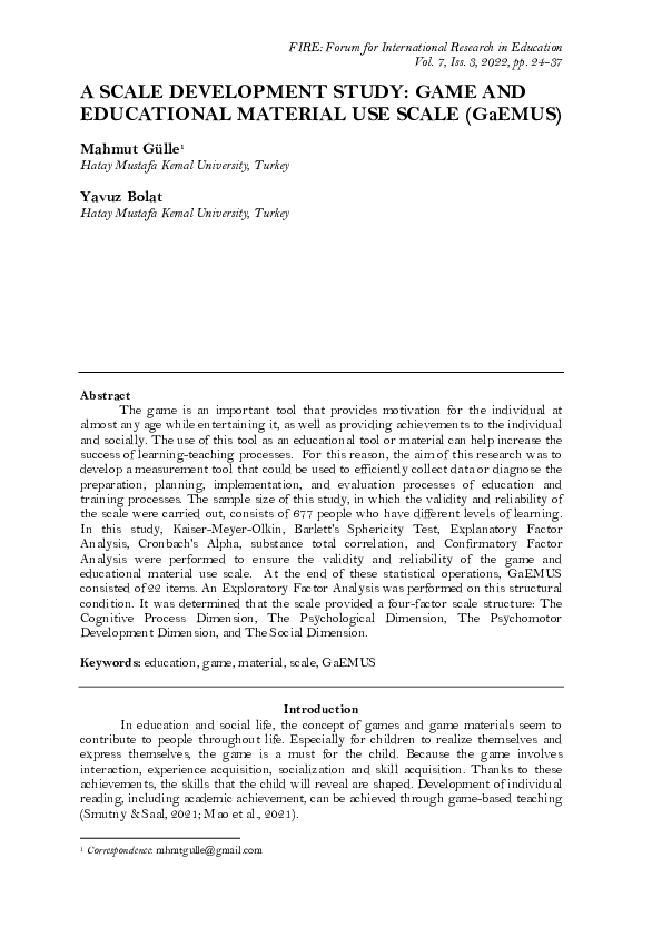 (PDF) A SCALE DEVELOPMENT STUDY: GAME AND EDUCATIONAL MATERIAL USE ...