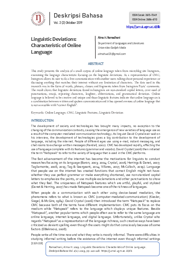 (PDF) Linguistic Deviations: Characteristic of Online Language