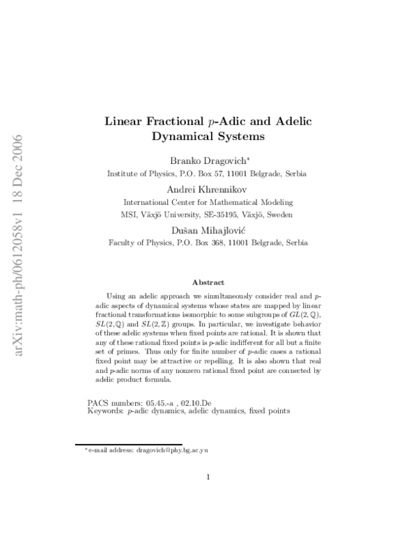(PDF) Linear Fractional p-Adic and Adelic Dynamical Systems