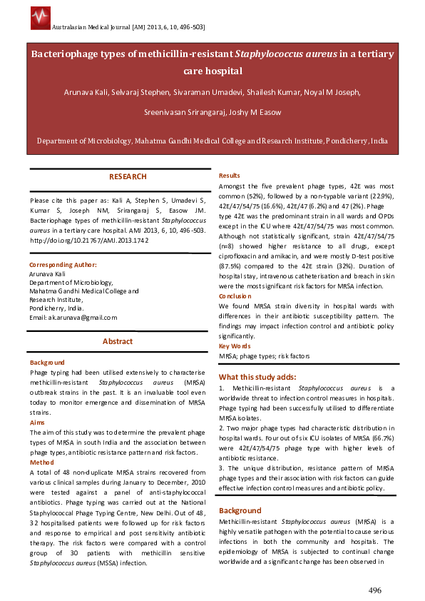 (PDF) Bacteriophage types of methicillin-resistant Staphylococcus aureus in a tertiary care hospital