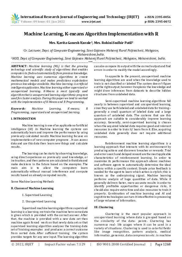 Pdf Machine Learning K Means Algorithm Implementation With R 6036