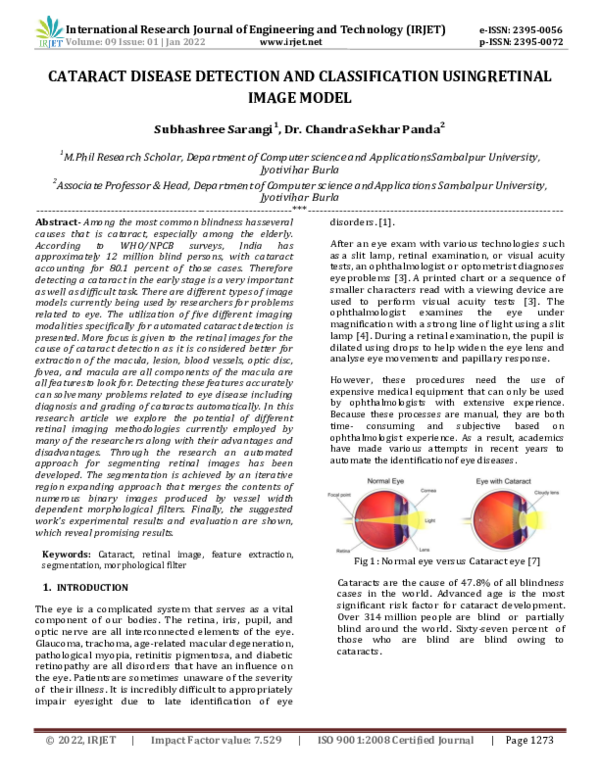 Pdf Cataract Disease Detection And Classification Using Retinal Image