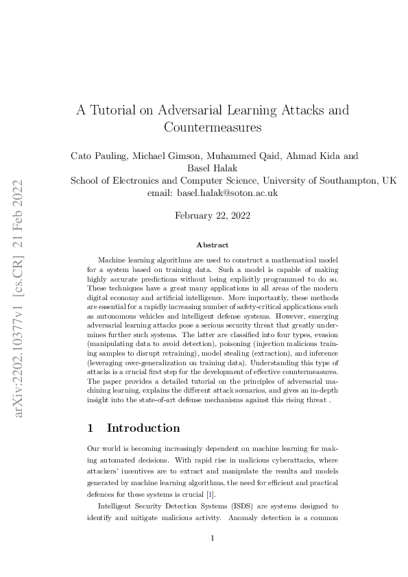 (PDF) A Tutorial on Adversarial Learning Attacks and Countermeasures