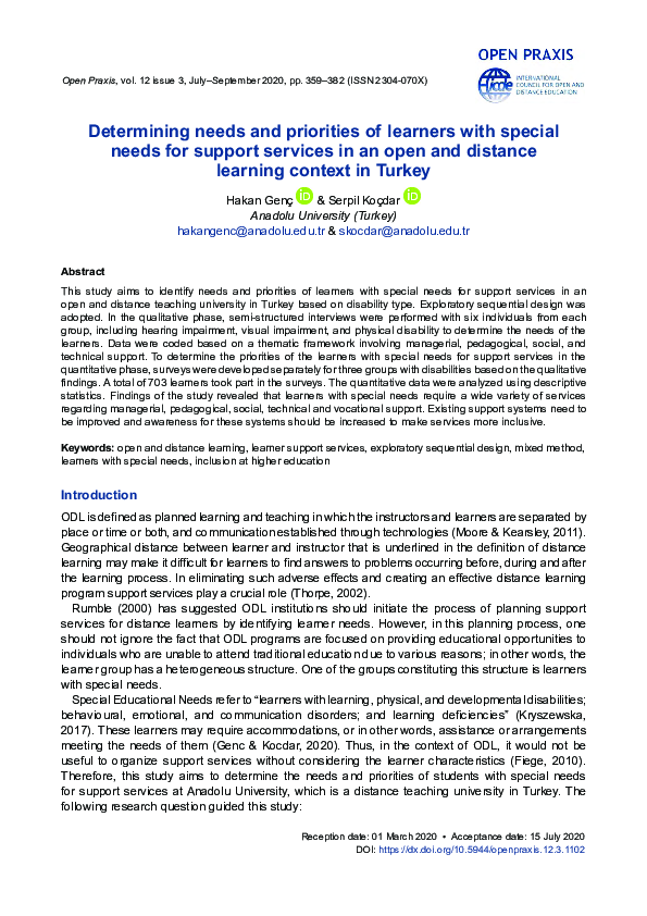 (PDF) Determining needs and priorities of learners with special needs ...