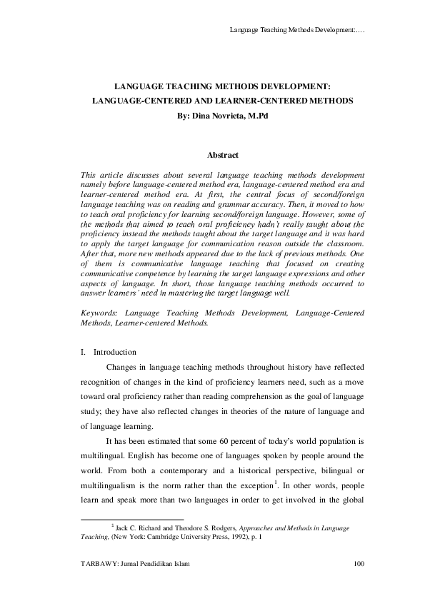 (PDF) Language Teaching Methods Development: Language-Centered and Learner-Centered Methods