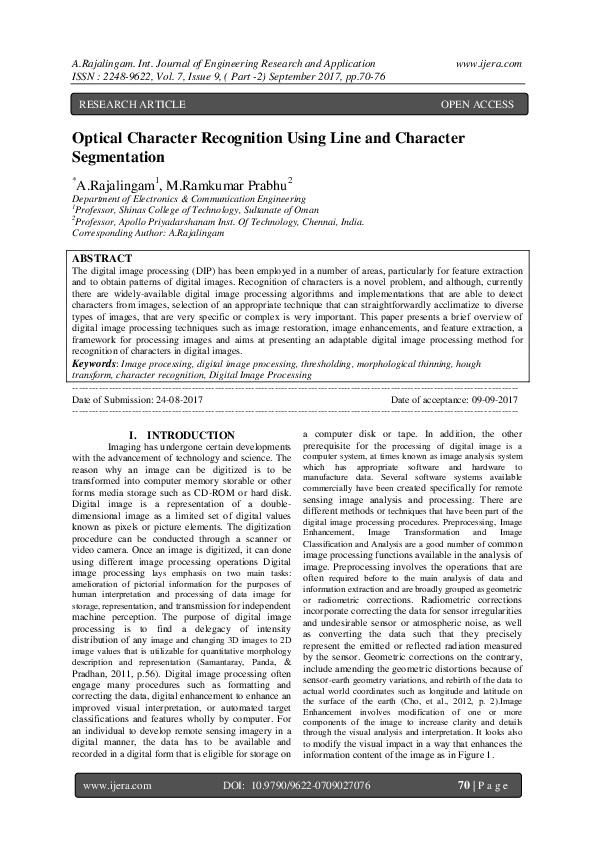 (PDF) Optical Character Recognition Using Line and Character Segmentation