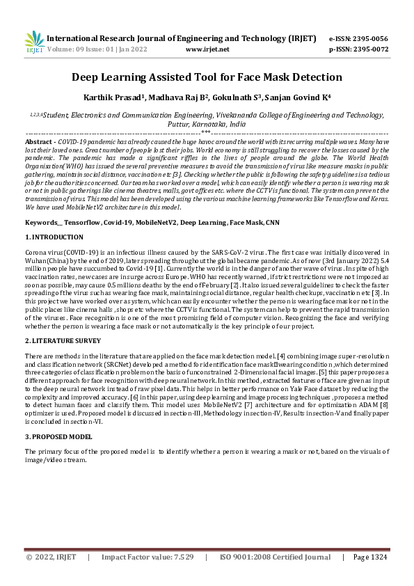 (PDF) Deep Learning Assisted Tool for Face Mask Detection