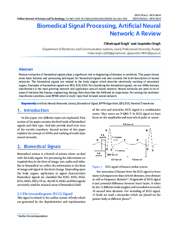(PDF) Biomedical Signal Processing, Artificial Neural Network: A Review ...