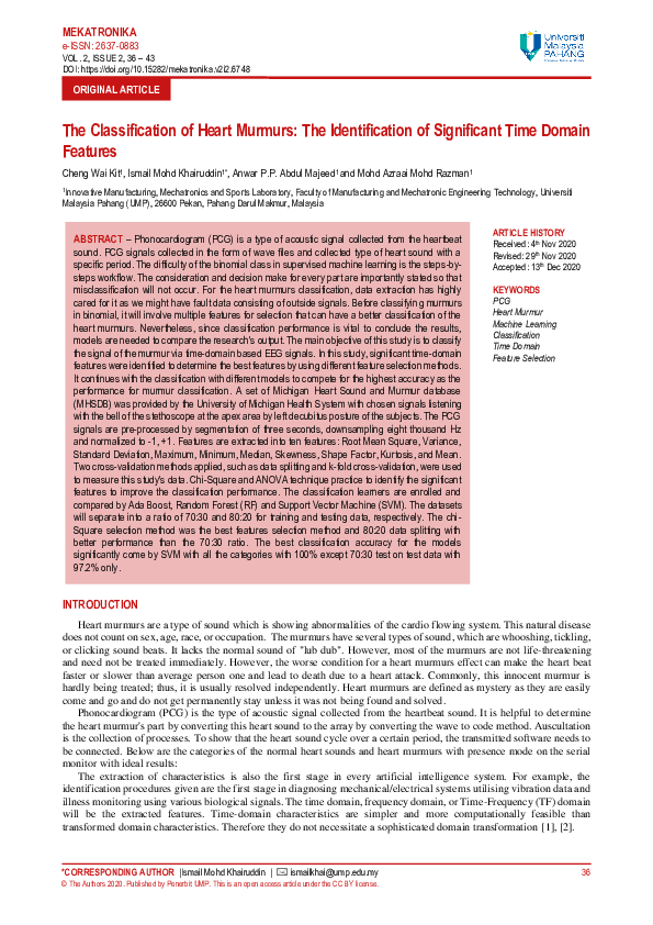 Pdf The Classification Of Heart Murmurs The Identification Of Significant Time Domain Features