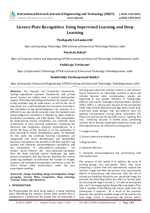 Pdf Licence Plate Recognition Using Supervised Learning And Deep Learning