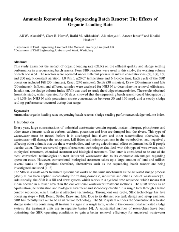(PDF) Ammonia Removal using Sequencing Batch Reactor: The Effects of Organic Loading Rate