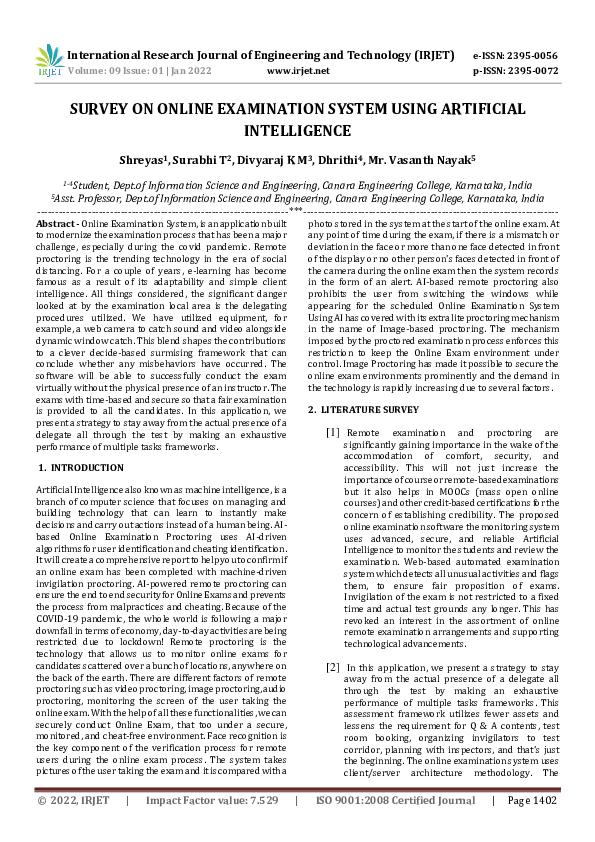 (PDF) SURVEY ON ONLINE EXAMINATION SYSTEM USING ARTIFICIAL INTELLIGENCE