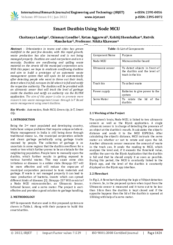(PDF) Smart Dustbin Using Node MCU