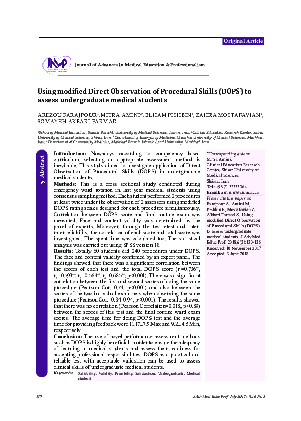 (PDF) Using Modified Direct Observation of Procedural Skills (DOPS) to ...
