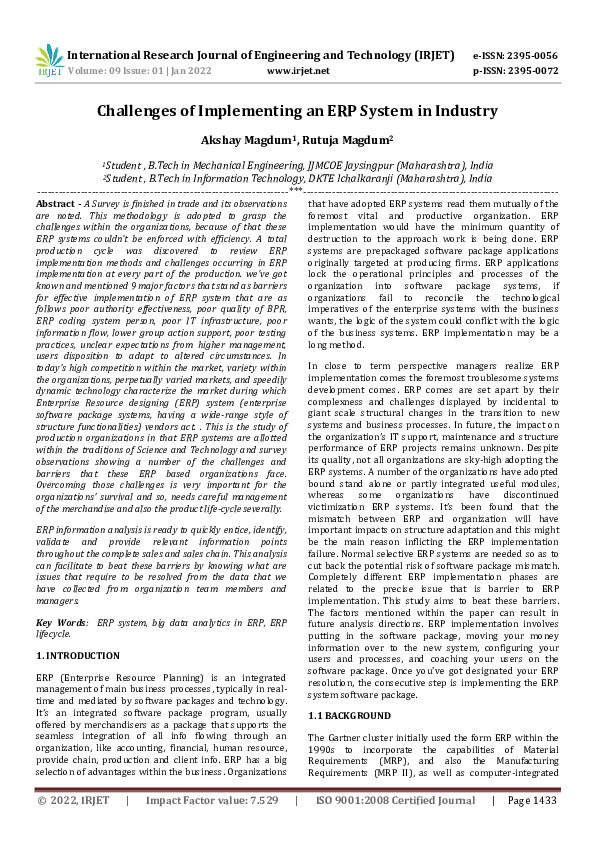(PDF) Challenges of Implementing an ERP System in Industry