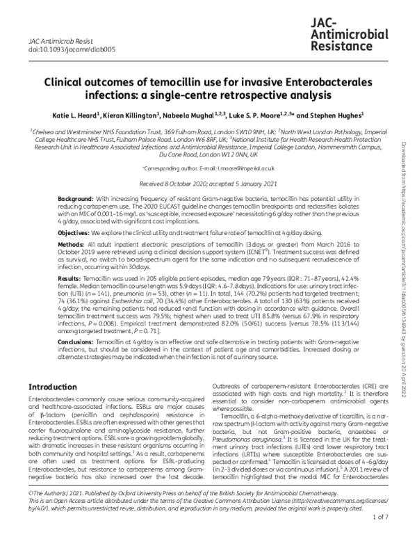 Clinical outcomes of temocillin use for invasive Enterobacterales ...
