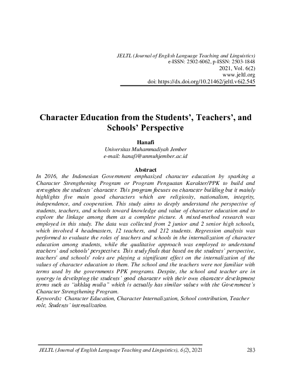 (PDF) Character Education from the Students’, Teachers’, and Schools ...
