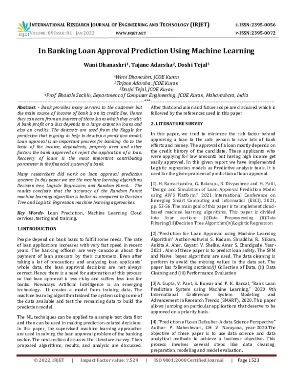 Pdf In Banking Loan Approval Prediction Using Machine Learning