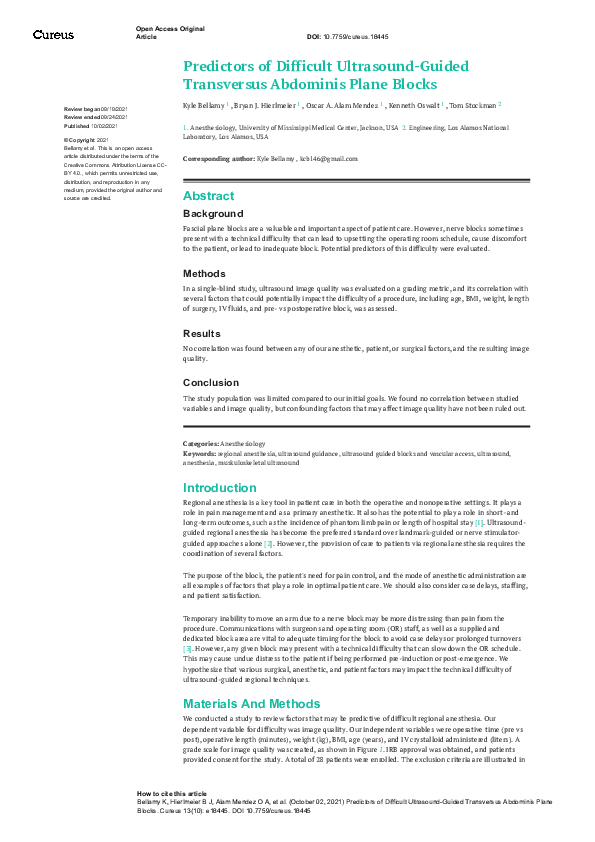 (PDF) Predictors of Difficult Ultrasound-Guided Transversus Abdominis ...
