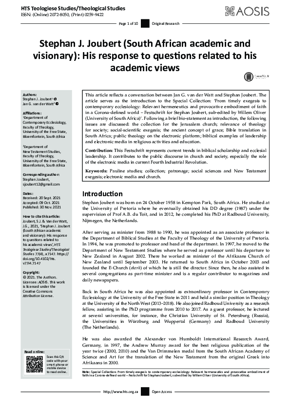(PDF) Stephan J. Joubert (South African academic and visionary): His ...