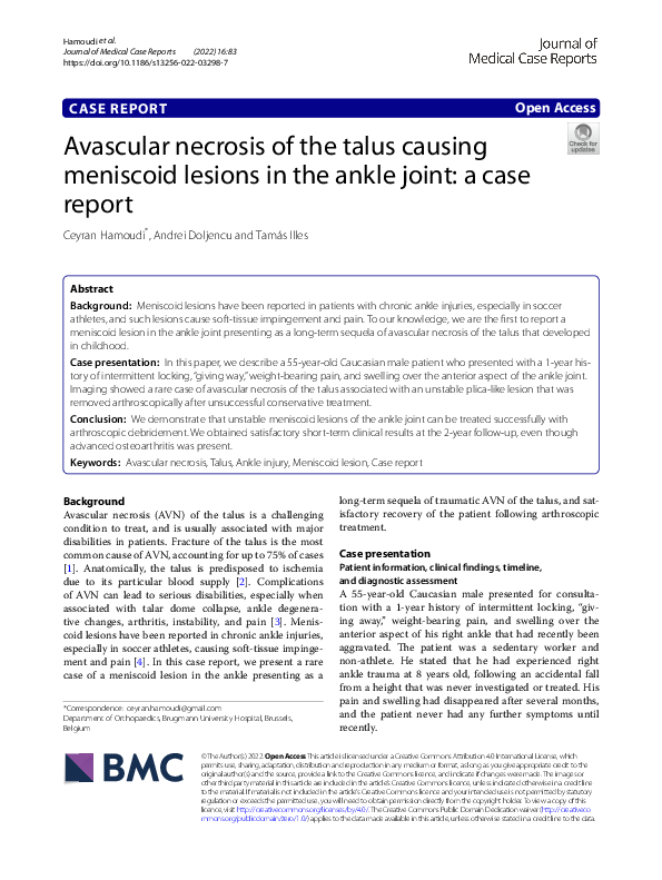 (PDF) Avascular necrosis of the talus causing meniscoid lesions in the ...