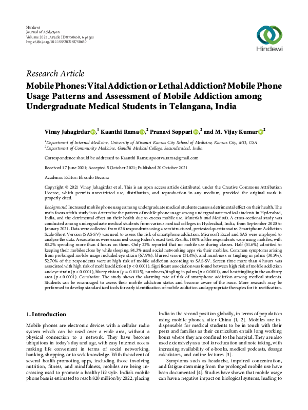 (PDF) Mobile Phones: Vital Addiction or Lethal Addiction? Mobile Phone ...