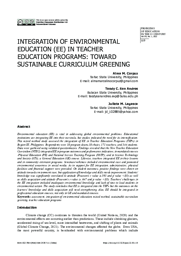 (PDF) Integration of Environmental Education (Ee) in Teacher Education ...