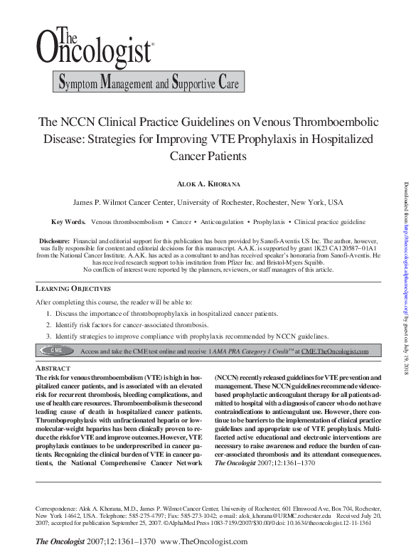 (PDF) The NCCN Clinical Practice Guidelines on Venous Thromboembolic Disease: Strategies for ...
