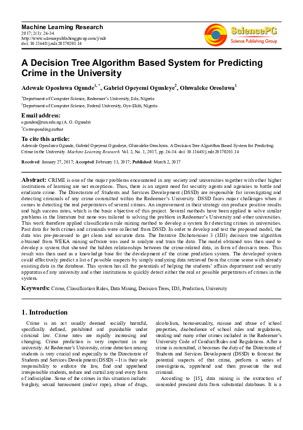 (PDF) A Decision Tree Algorithm Based System for Predicting Crime in the University