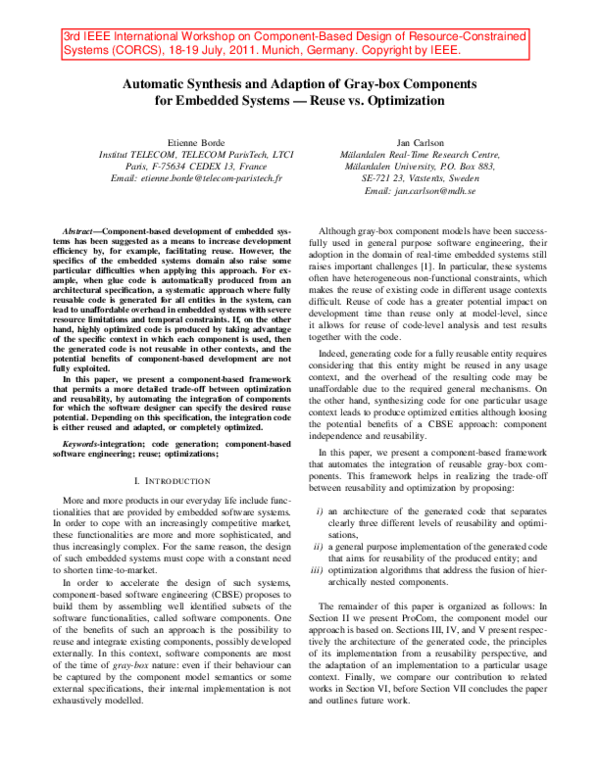 (PDF) Automatic Synthesis and Adaption of Gray-Box Components for Embedded Systems - Reuse vs ...