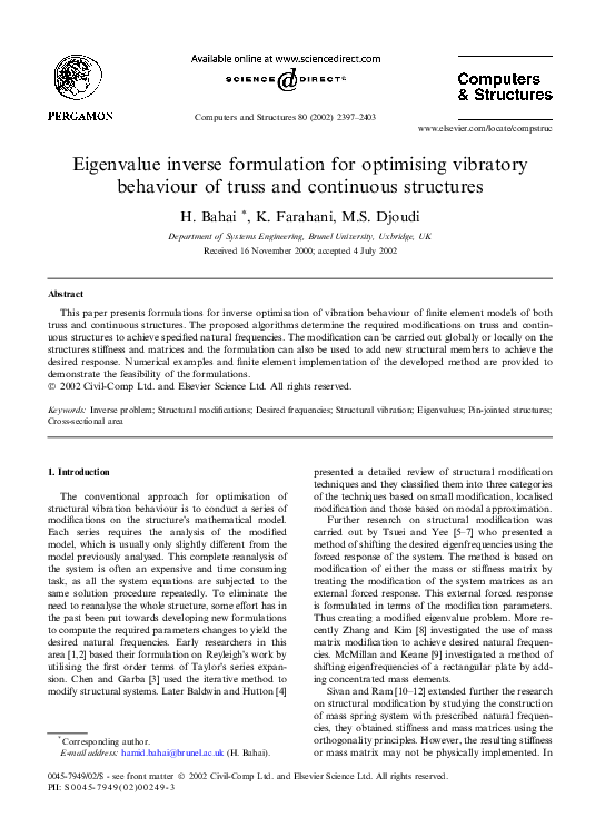 (PDF) Eigenvalue inverse formulation for optimising vibratory behaviour ...