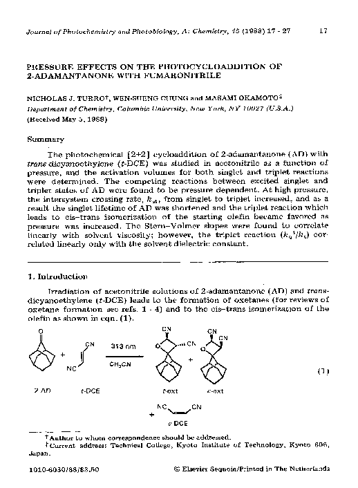 (PDF) Pressure effects on the photocycloaddition of 2-adamantanone with ...