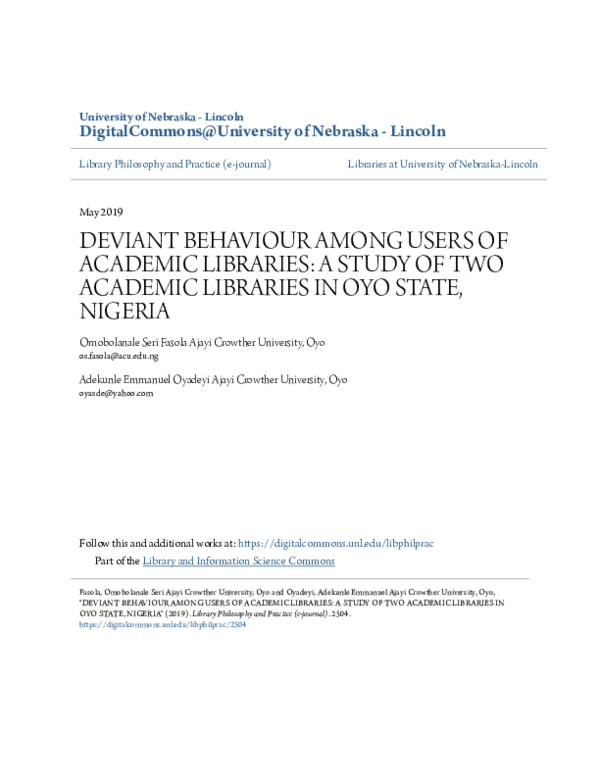 (PDF) Deviant Behaviour among Users of Academic Libraries: A Study of ...