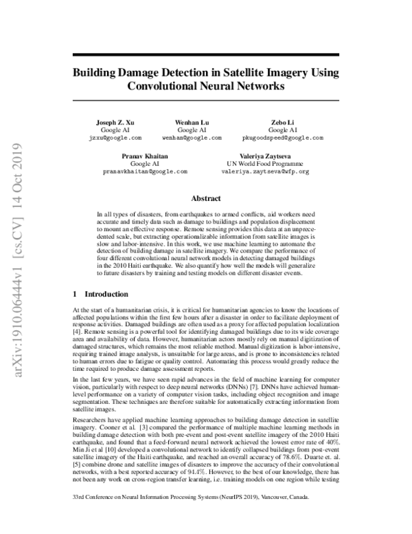(PDF) Building Damage Detection in Satellite Imagery Using Convolutional Neural Networks