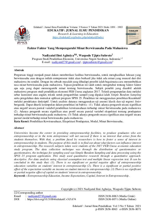 (PDF) Faktor – Faktor Yang Memengaruhi Minat Berwirausaha Pada Mahasiswa